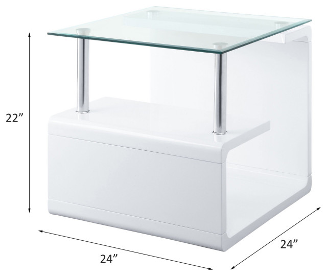 Modern End Table, Geometric High Gloss White Body With Square Clear ...