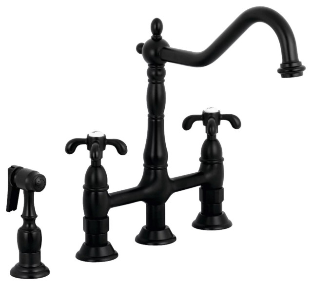 French Country Bridge Kitchen Faucet with Brass Sprayer and Curved ...