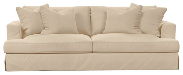 Sunset Trading Newport 94" Fabric Slipcovered Recessed Fin Arm Sofa in Tan - Farmhouse - Sofas ...