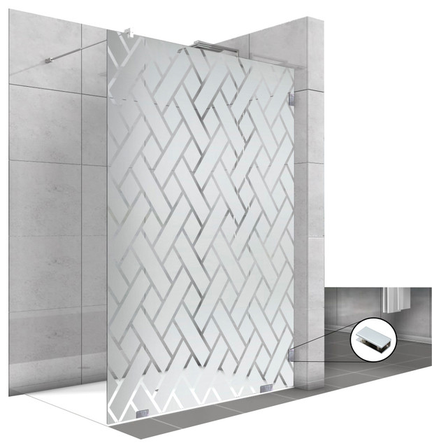 Fixed Glass Shower Screen with Decorative Frosted Sandblasted Design, 27-1/2" X 75 ...
