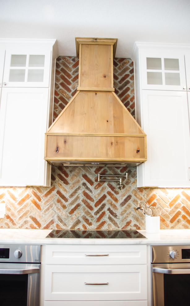 Custom Vent Hood and Herringbone Brick Backsplash - Transitional ...