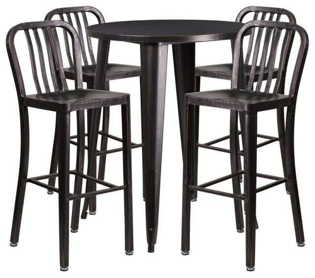 Round Metal Indoor-Outdoor Bar Table Set With 4 Vertical Slat Back ...