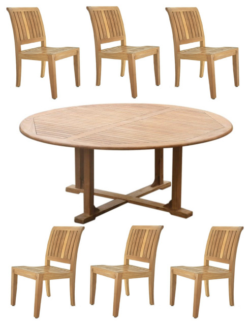 7-Piece Outdoor Patio Teak Dining Set: 60" Round Table, 6 Lagos Armless ...