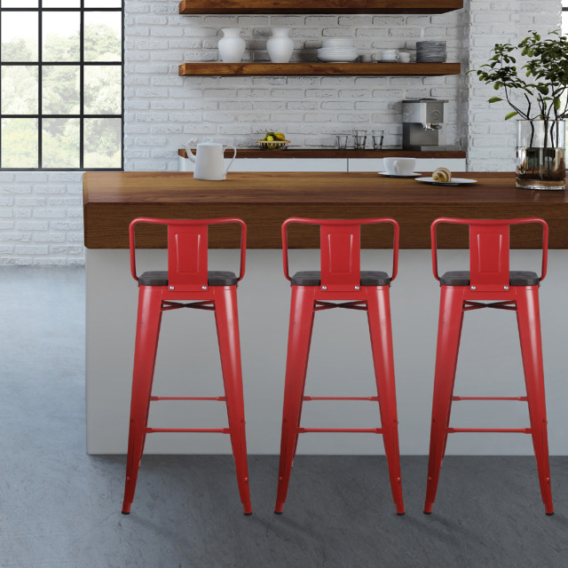 Metal Red Bar Stools With Lowback Wooden Seat, Set of 4 - Industrial ...
