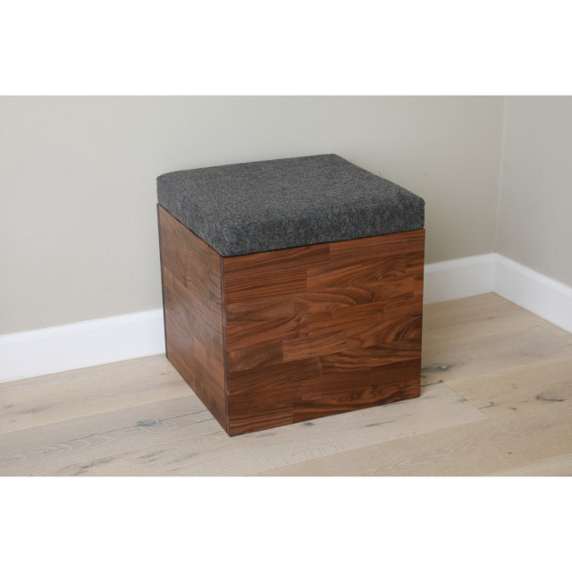 Zuma Wood Storage Ottoman Cube Stool, Solid Walnut, Gray Top Cushion ...