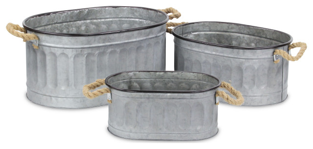 Oval Metal Storage Bucket With Rope Handle, 3-Piece Set - Beach Style ...