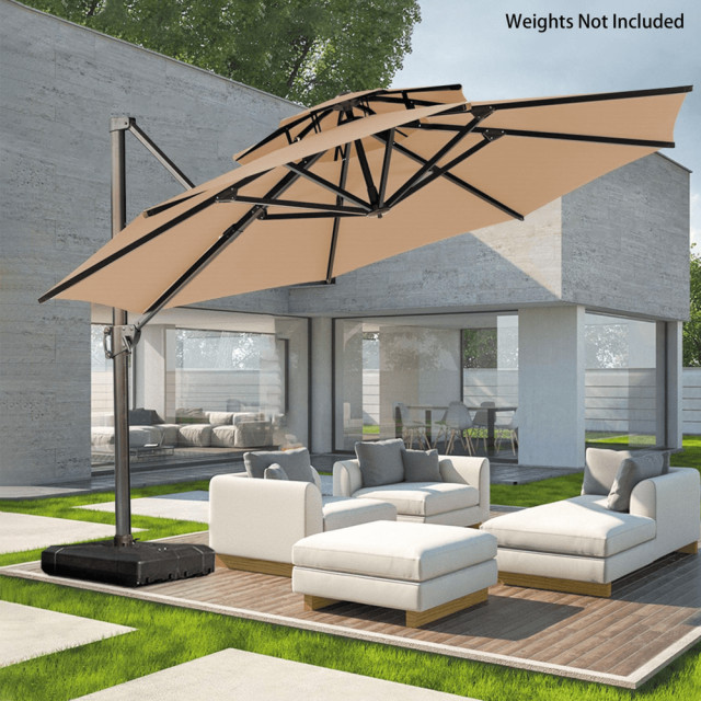12' Tan Polyester Round Tilt Cantilever Patio Umbrella With Stand ...