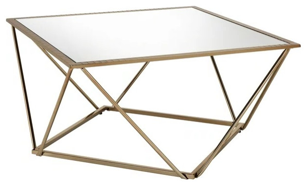 Stylish Mirrored Square Coffee Table with Unique Geometric Gold Frame ...