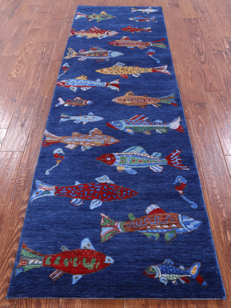2' 7" X 8' 0" Runner Gabbeh Fish Design Handmade Wool Rug - Q15517, 2 ...