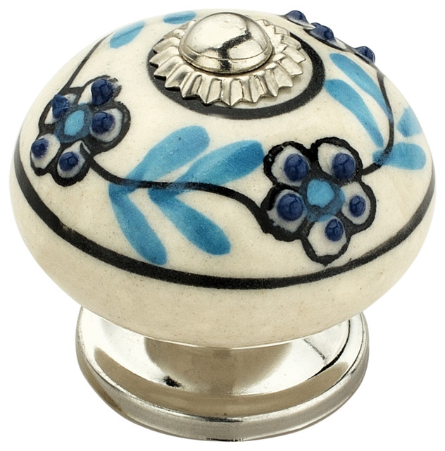 Ceramic Round 1-3/5 in. Decorative Knob Blue & Cream Drawer Cabinet ...