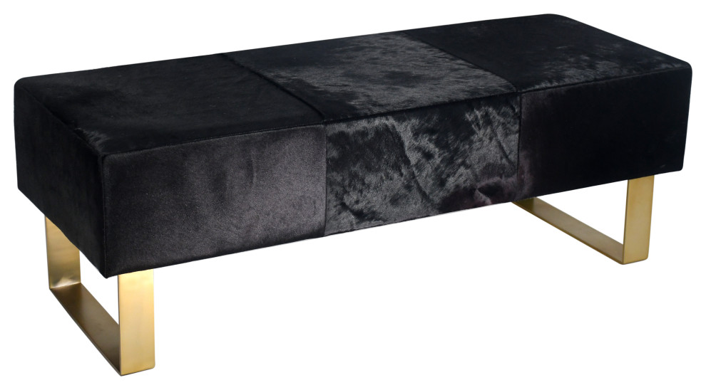 L48" Gold Stainless Steel Frame Bench With Black Hairline Leather ...