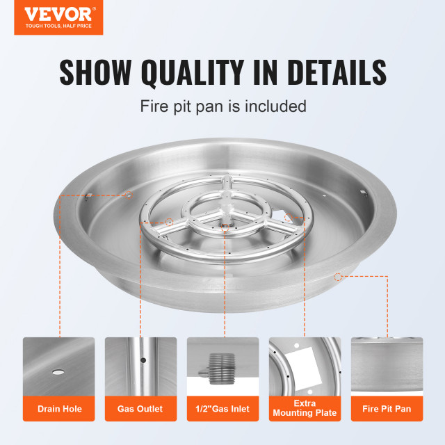 VEVOR 19" Round Drop-in Fire Pit Pan Stainless Steel Fire Pit Burner ...