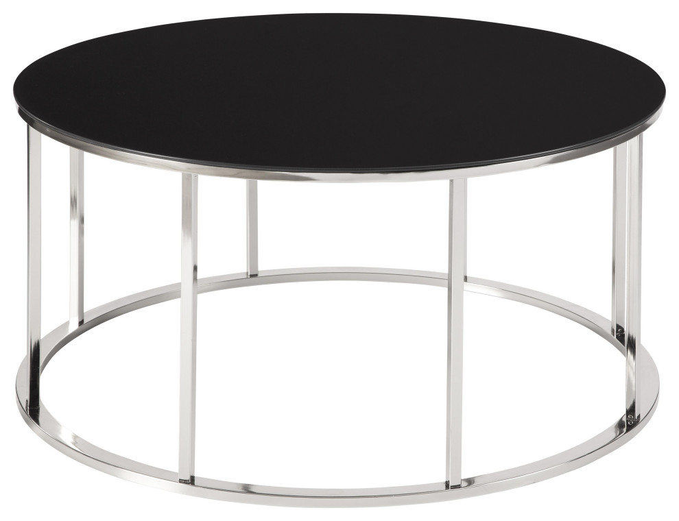Round Tempered Glass Top Cocktail Table with Metal Frame, Black and ...