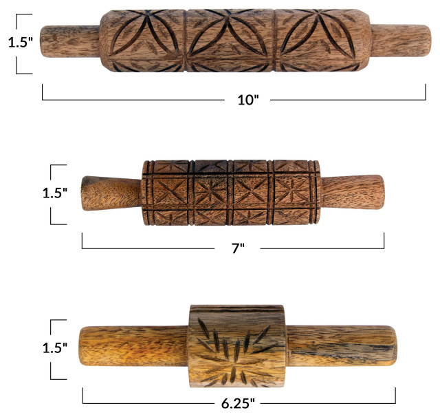Various Hand-Carved Mango Wood Rolling Pins, Natural, Set of 3 ...