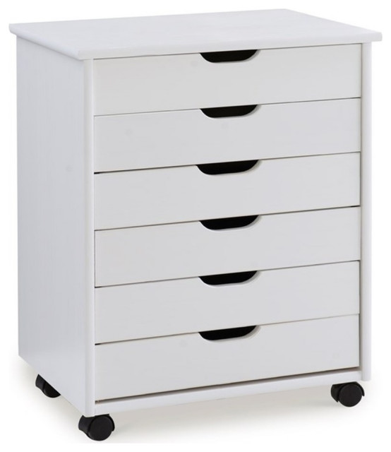 Linon Callie Six Drawer Wide Wood Rolling Cart in Natural ...