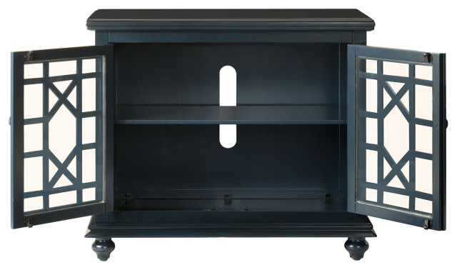 Benzara BM205972 Wood & Glass TV Stand with Trellis Cabinet, Dark Blue ...