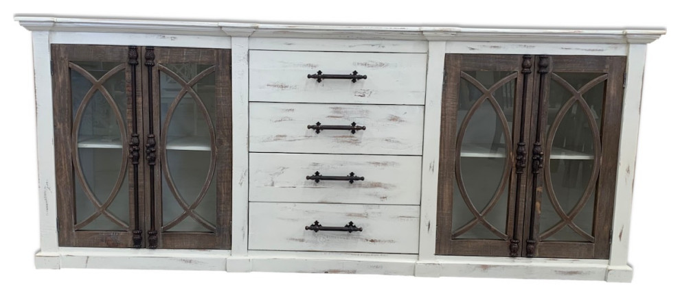 Large Media Console With Iron Hardware, White With Brown Doors ...