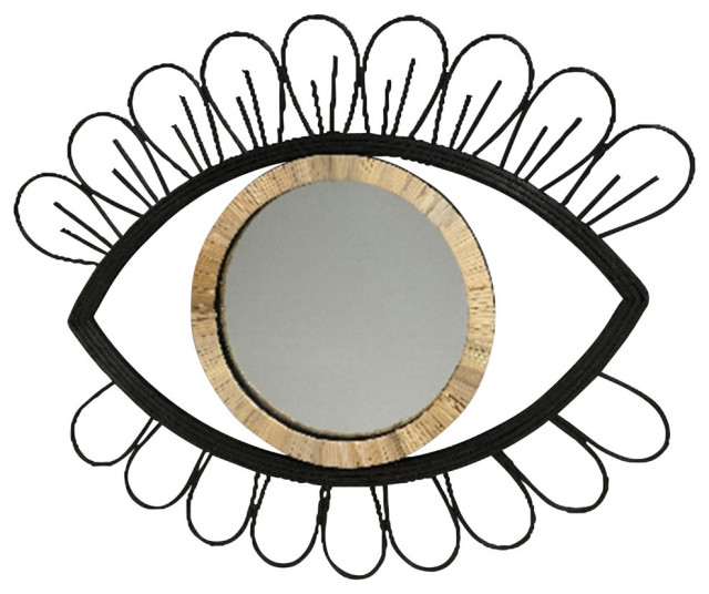 Metal/Rattan 29" Eye Wall Accent With Mirror, Black - Tropical - Wall ...