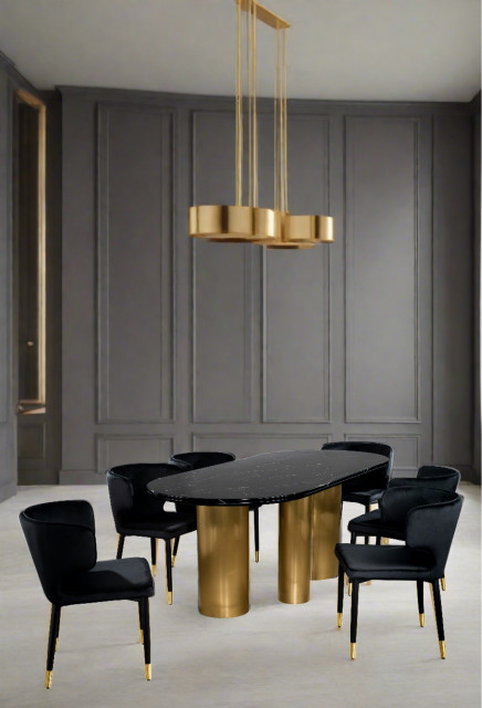 Balmain Stone Top Oval Gold Dining Table With 6 Black Chairs ...