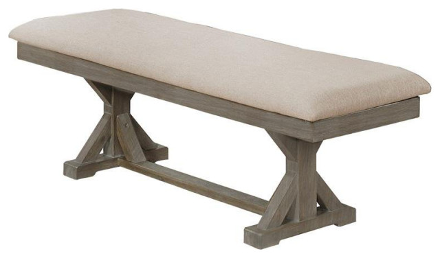 Beige Linen Dining Bench with Rustic Gray Brown Wood in Standard Height ...