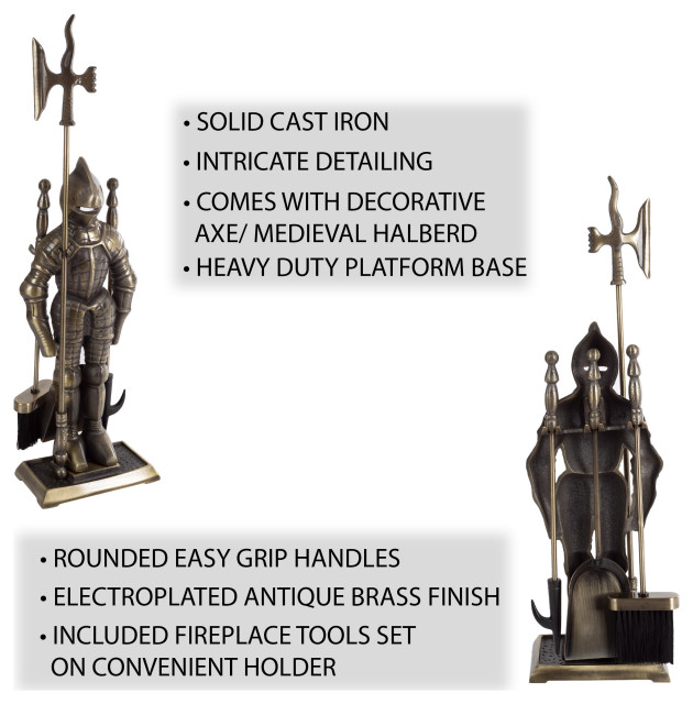 3-Piece Medieval Knight Cast Iron Statue Fireplace Tool Set - Modern ...