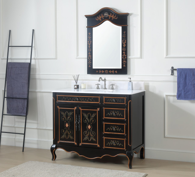 42" Black Floral Decoroso Bath Vanity With Side Drawers and Mirror ...