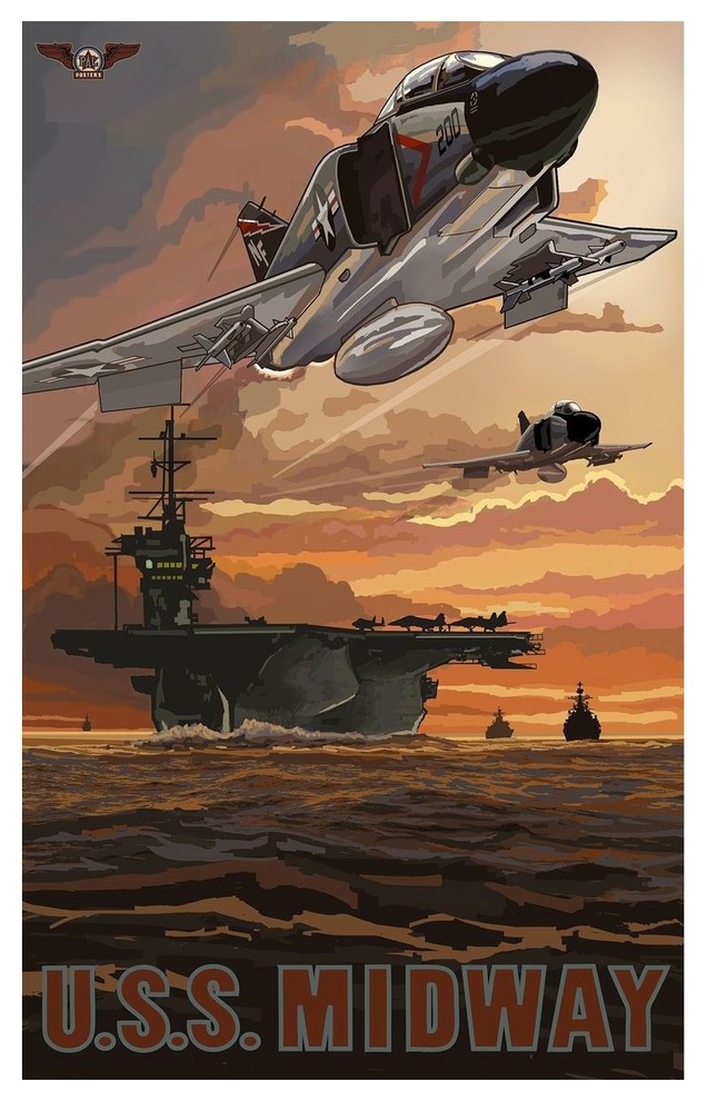 by Artist Paul A. Lanquist F-4 & USS Midway Art Print, 24"x36 ...