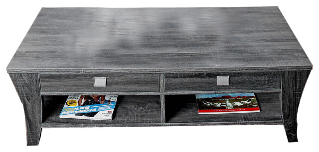 Low Rise Coffee Table With Drawers and Bottom Shelves, Gray - Farmhouse ...