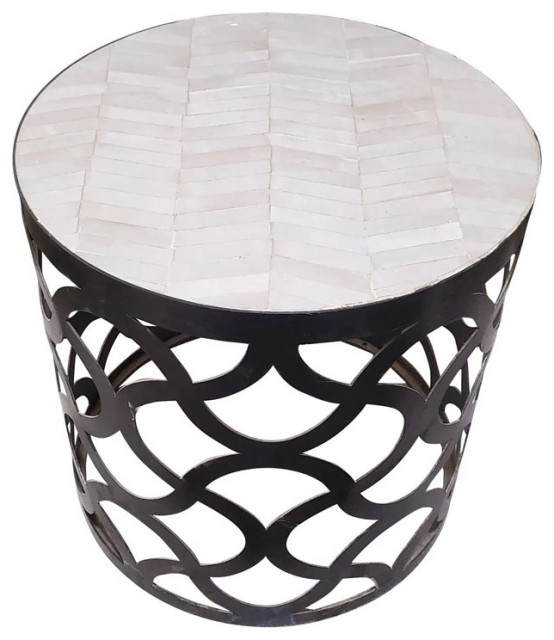 Zen Style Chevron White Mosaic Table, Black Base - Mediterranean - Side ...