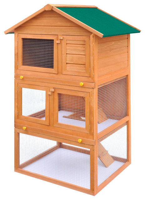 vidaXL Rabbit Hutch 3-Tier Bunny Cage with Pull Out Tray and Ramp Solid ...
