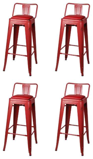 Lowback Red Metal Bar Stools, Red Vegan Leather Seat, Set of 4 ...