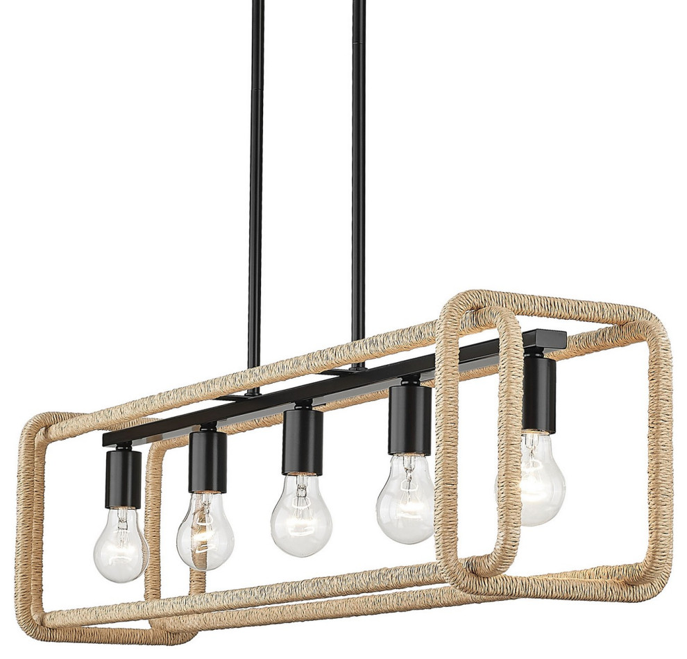 Camden Linear Pendant in Matte Black with Natural Raphia Rope - Beach ...