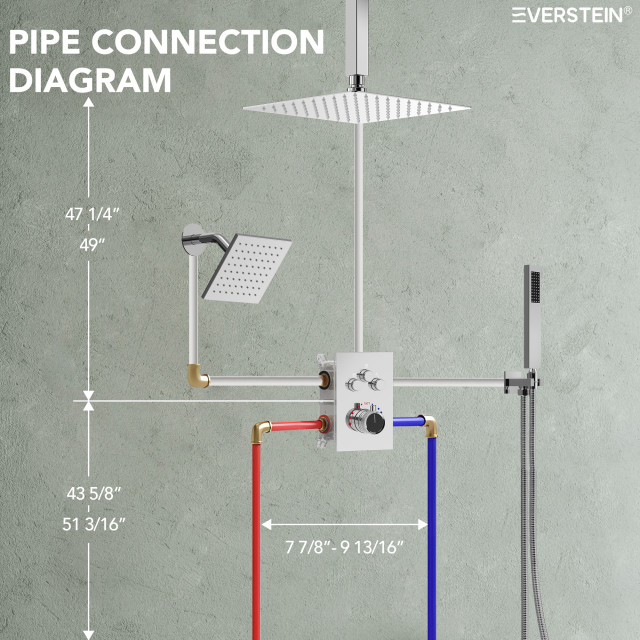 Dual Heads 12" Rain High Pressure Shower System w/ 3 Way Thermostatic ...