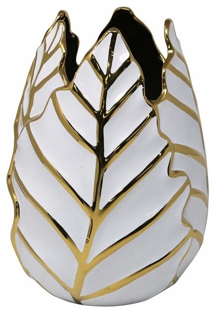 Elegantly decorative Ceramic Leaf Vase, White And Gold - Contemporary ...