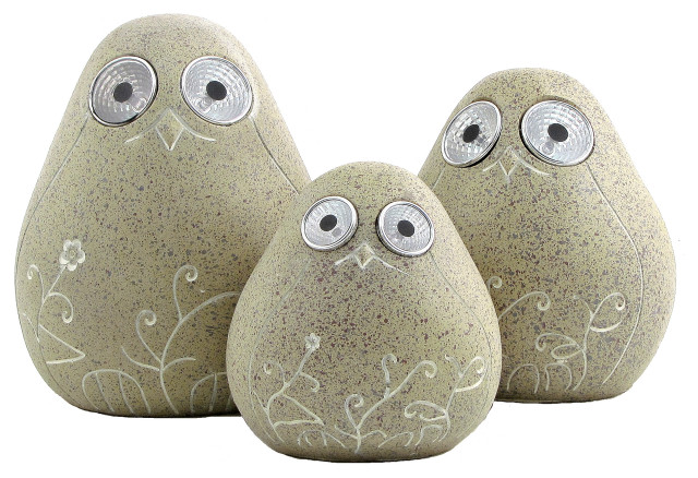 Set of 3 Solar Rock Birds With Floral Etching - Contemporary - Garden ...