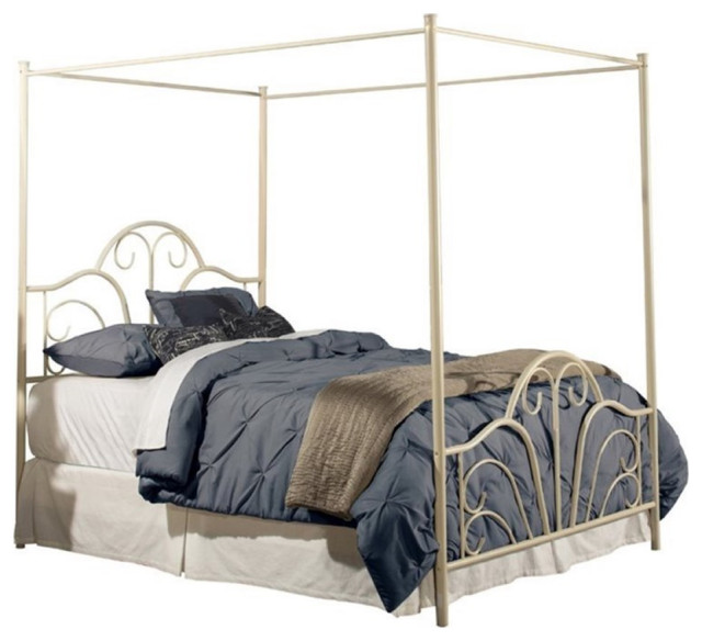 Bowery Hill Traditional Tubular Metal Steel Full Canopy Bed in Cream ...