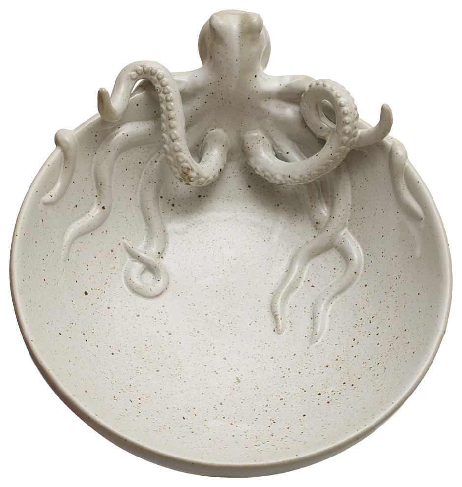 13.75 Inches Stoneware Octopus Bowl With Reactive Glaze, White Speckled ...