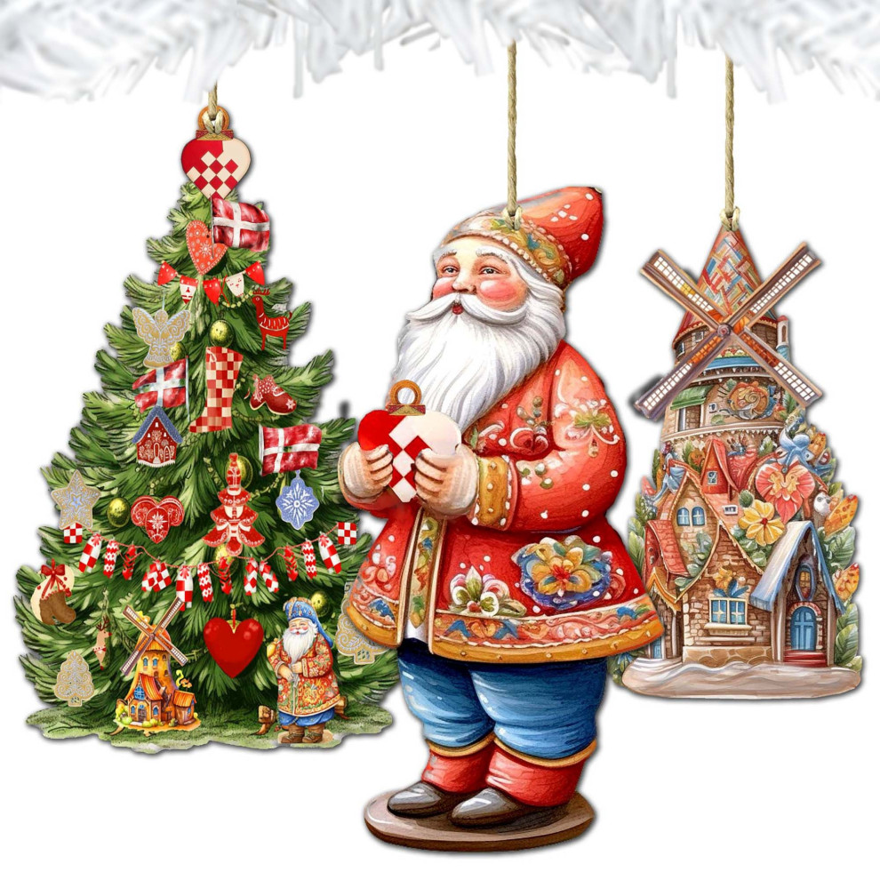 Santa Around the World Danish Santa Wooden Ornaments Set of 3 ...