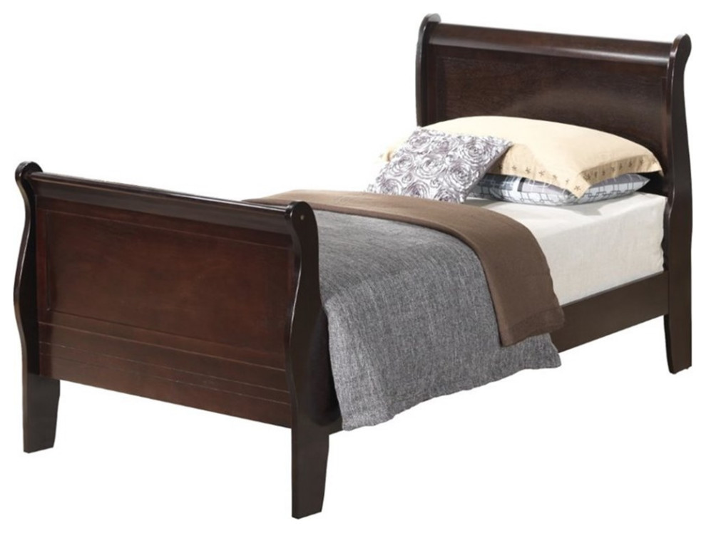 Maklaine Traditional Wood Twin Sleigh Bed in Cappuccino Finish ...