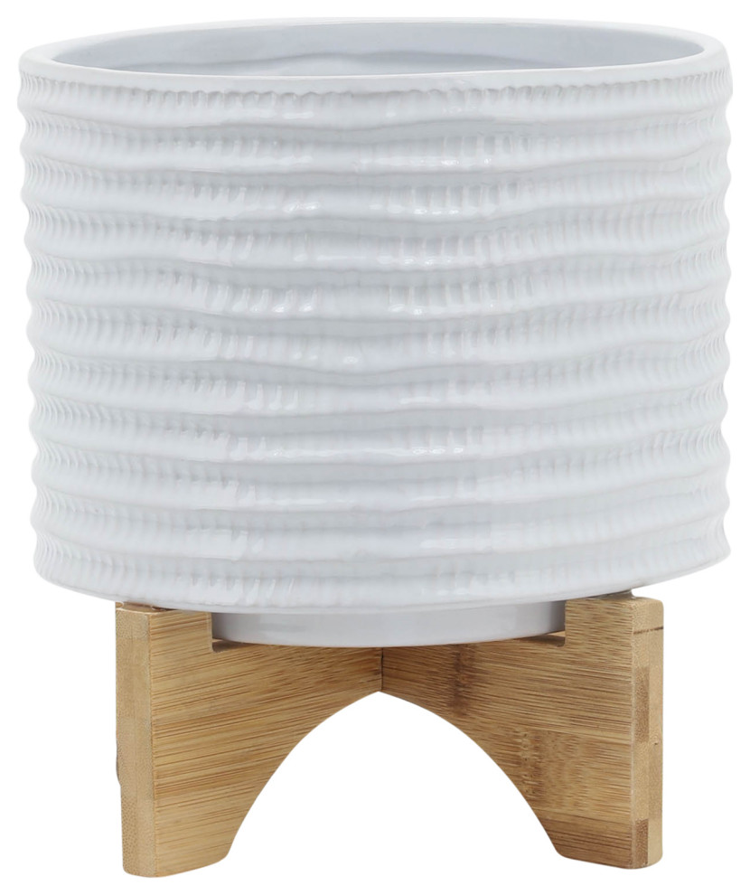 8" Textured Planter With Stand, White - Transitional - Indoor Pots And ...