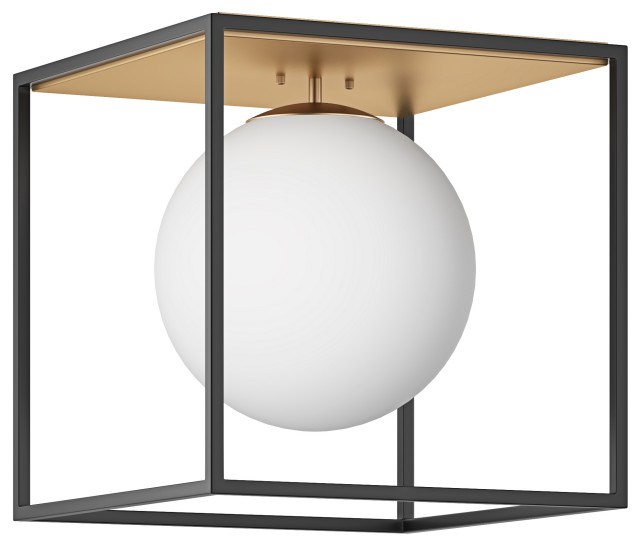 1-Light Metal Cube Frame Flush Mount Ceiling Light With Globe Glass ...