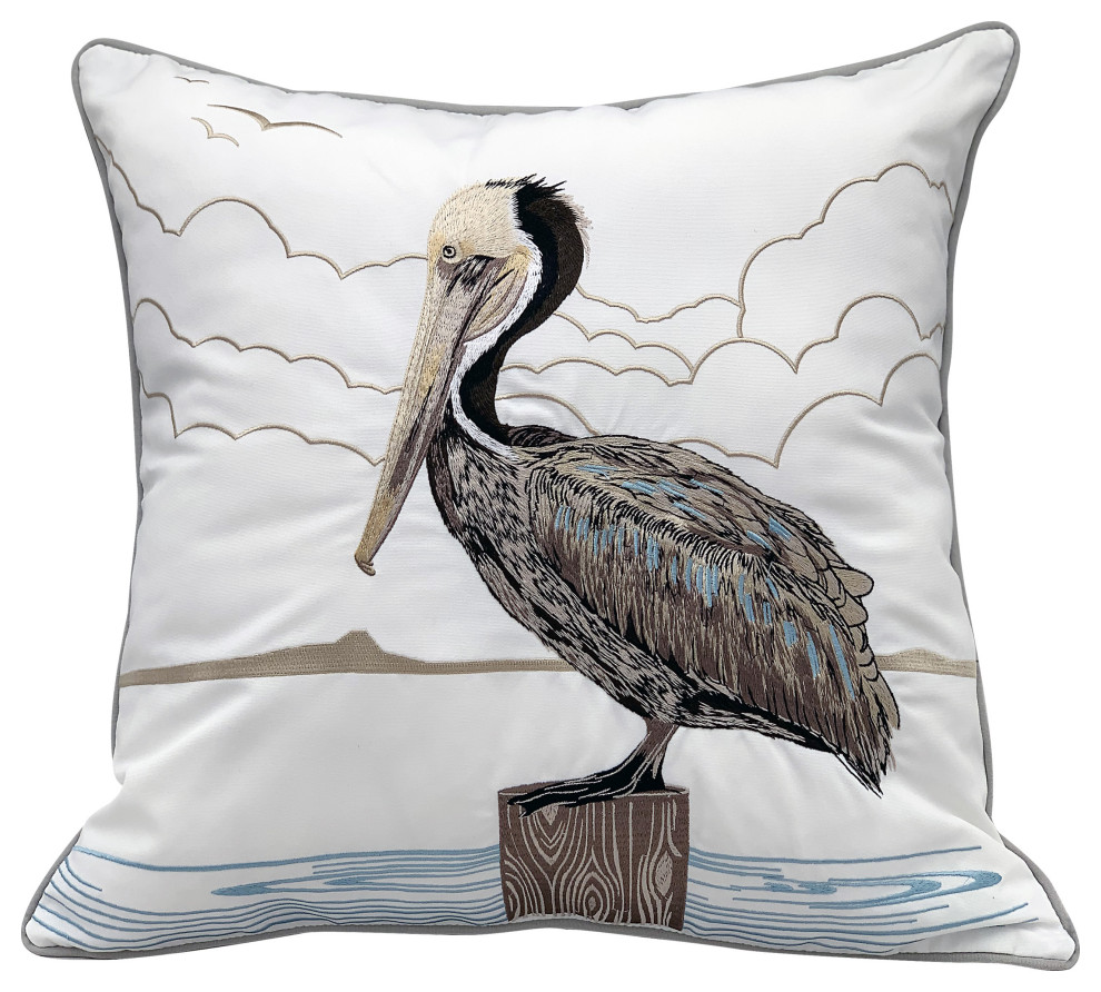 Sunbathing Brown Pelican Embroidered Indoor Outdoor Pillow - Beach ...