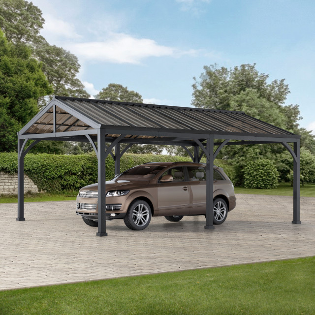 Sunjoy 20'x14' Metal Carport, Outdoor Living Pavilion, Gazebo ...