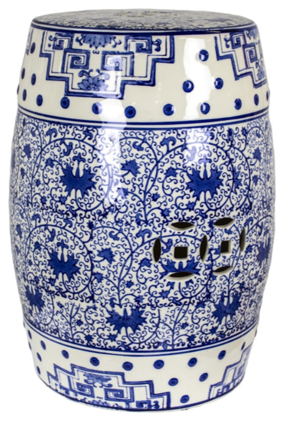Intriguing Patterned Ceramic Garden Stool, Blue And White - Asian ...