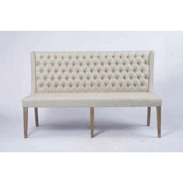 French Tufted Upholstered Dining Banquette Bench, Light Sand Fabric ...
