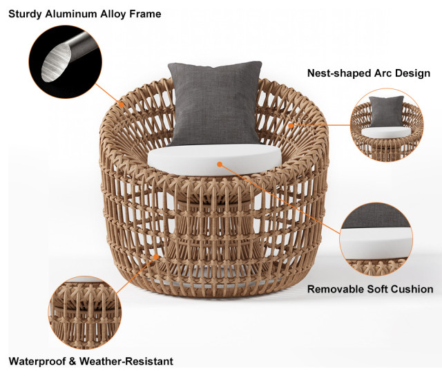 Austen Rattan Outdoor Barrel Chair Nest Shape Sidechair with Cushion in ...