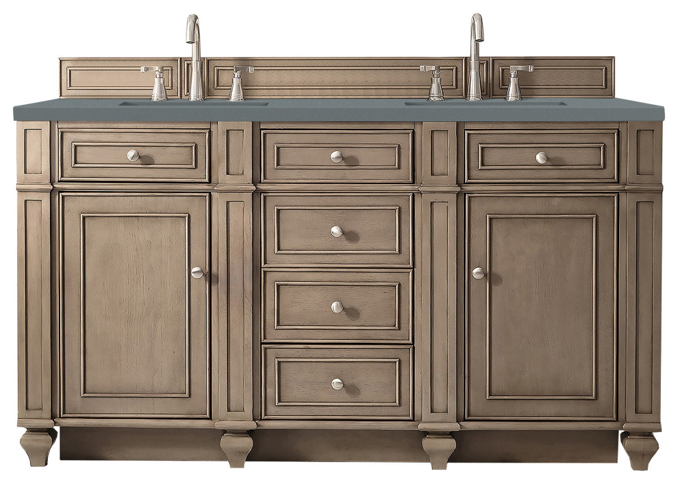 Bristol 60" Double Vanity, Whitewashed Walnut, W/ 3 Cm Cala Blue Quartz ...