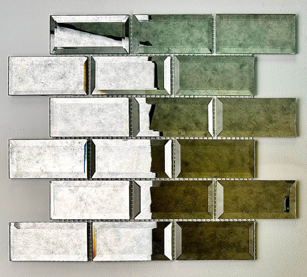 Reflections Antique Silver 12"x 12" Beveled Glass Mirror Brick Mosaic ...