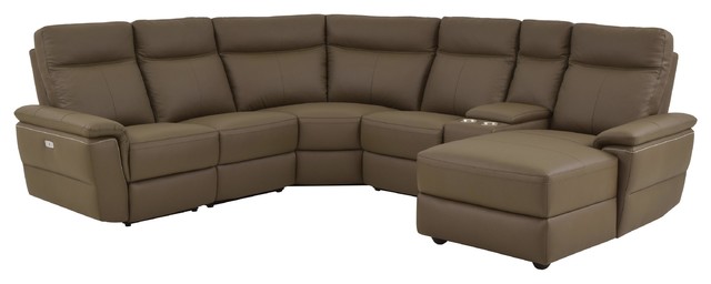 6-Piece Obara Power Sectional w No Power Chair Leather Brown Taupe ...