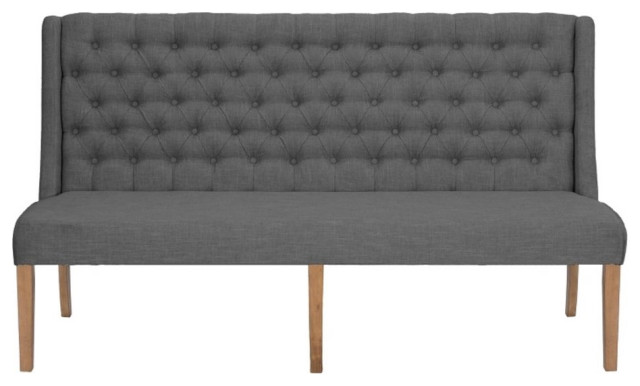 Rustic Wood Gray Linen Fabric Dining Bench with Tufted Back ...